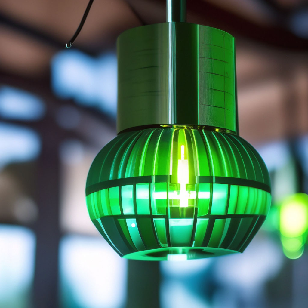 "Bright green lamp hanging from the top, hi-tech" — image created in ...