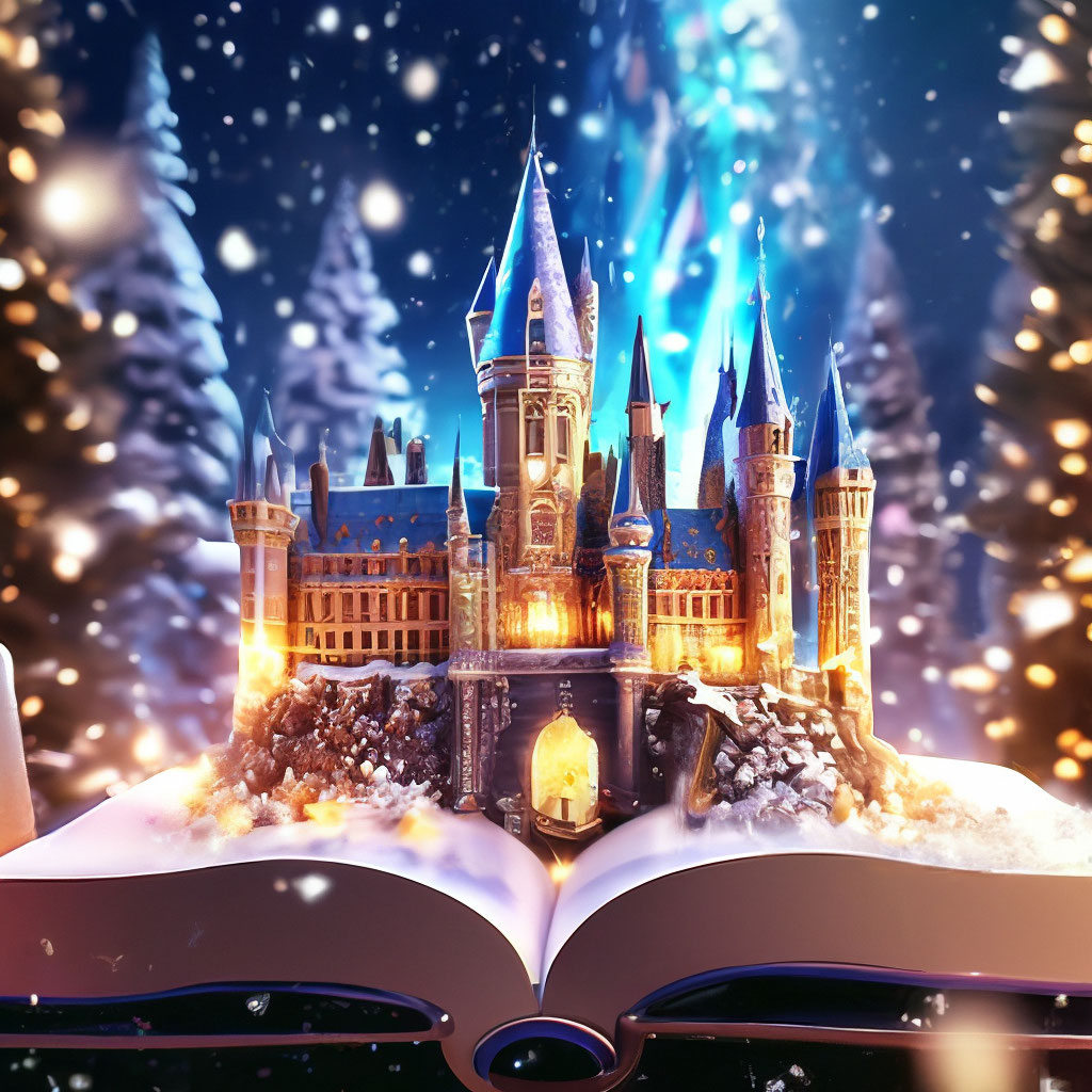 "📖 the magical castle of Hogwarts rises from the open book, snowfall ...