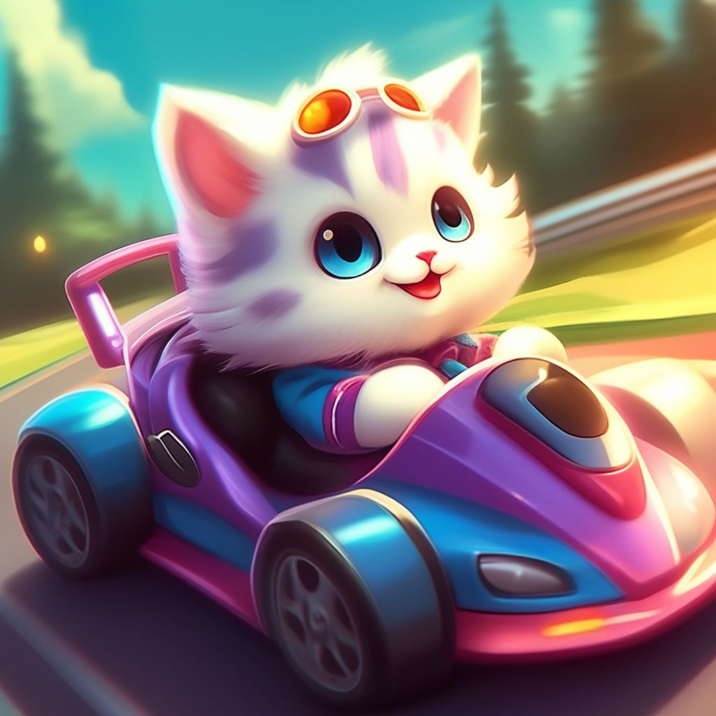 "Fluffy cute little cat driving a racing car" — image created in Shedevrum
