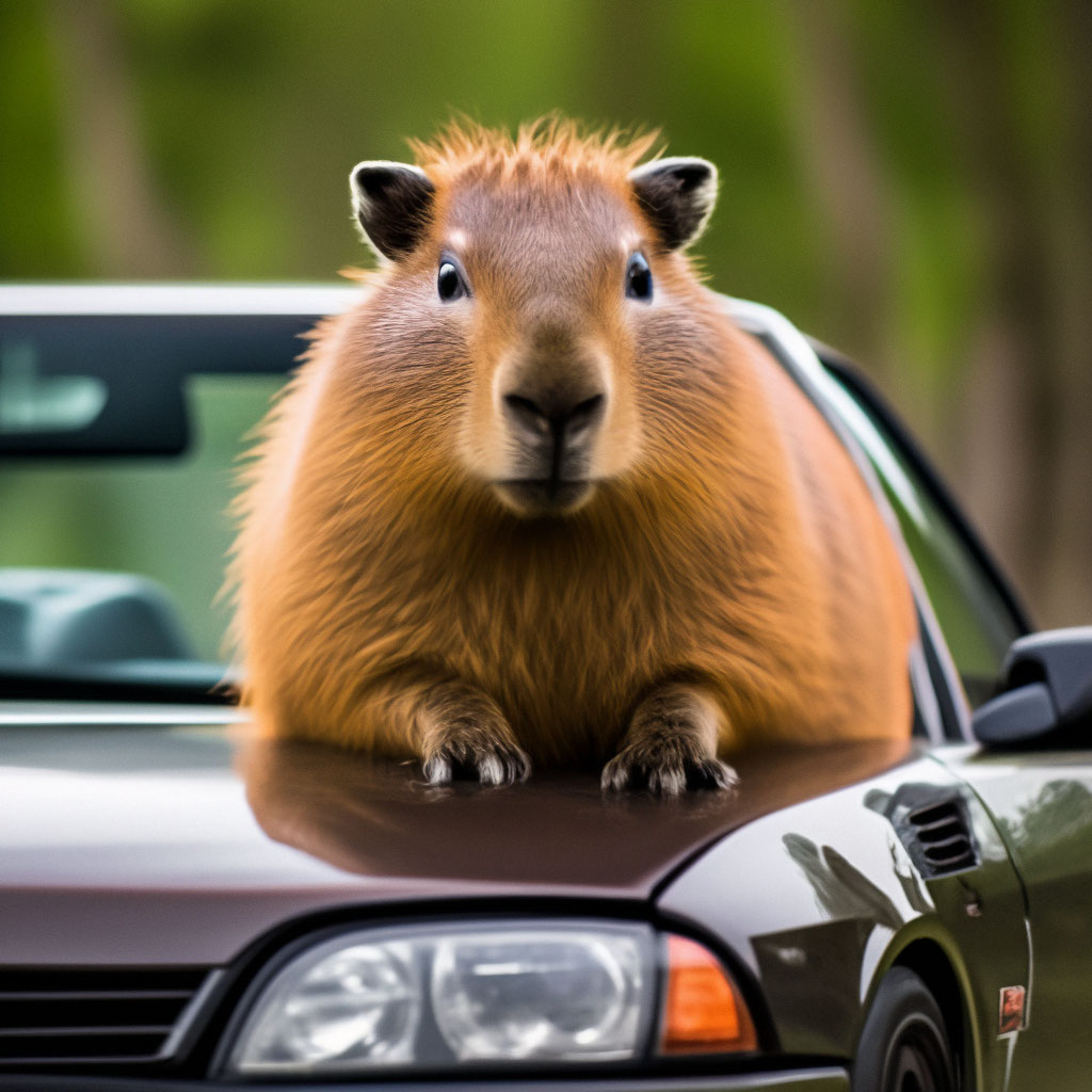 "Capybara on a drift car" — image created in Shedevrum