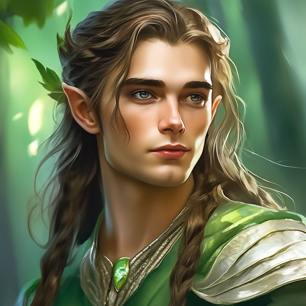 "Young man, king of the forest elves, archer, very handsome, expressive ...
