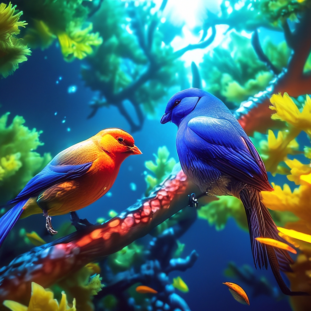 "Underwater birds, on a tree, fluorescent leaves, realistic, detailing ...