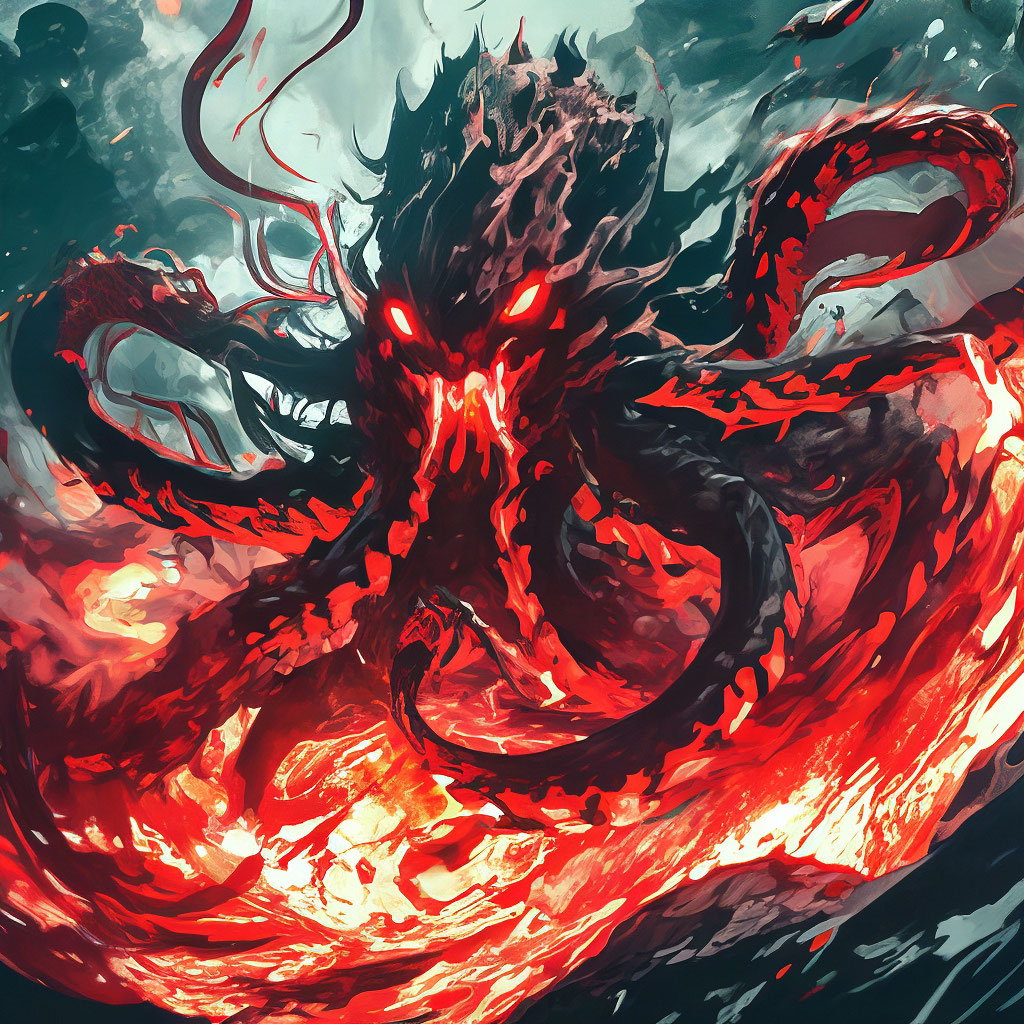 "Kraken with tentacles of lava and fire and explosion, hell, lots of ...