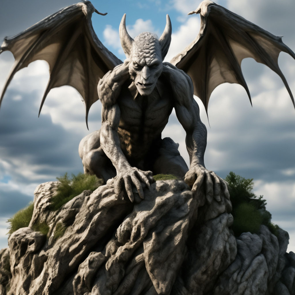 "Gargoyle made of high rock, trees, roots, on a rock, against a sky ...
