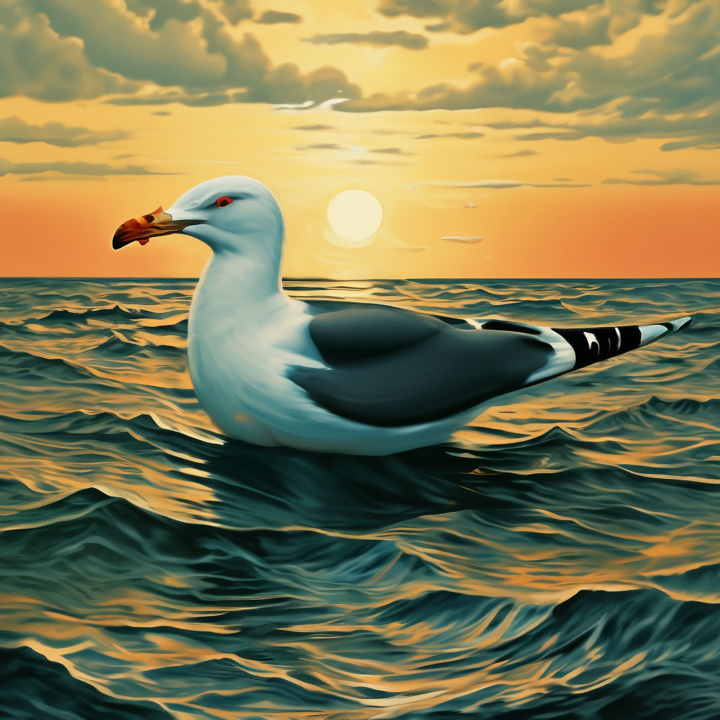 "A lonely seagull drowns in a sea of love" — image created in Shedevrum