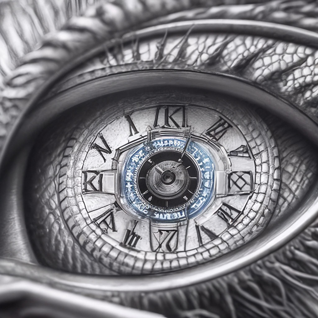 "Eye iris watch face with Roman numerals" — image created in Shedevrum