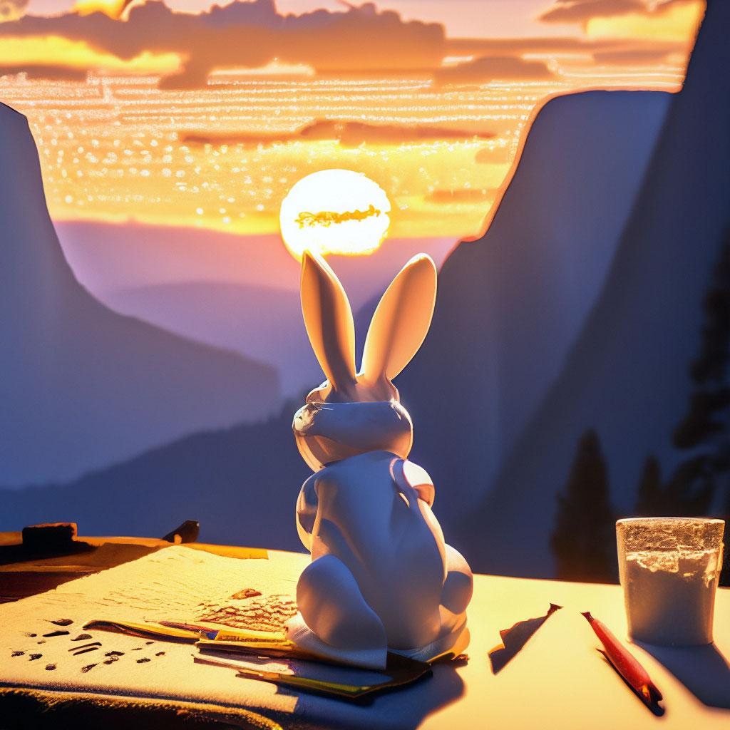 "Porcelain rabbit,doodling,on the background of yosemite valley ...