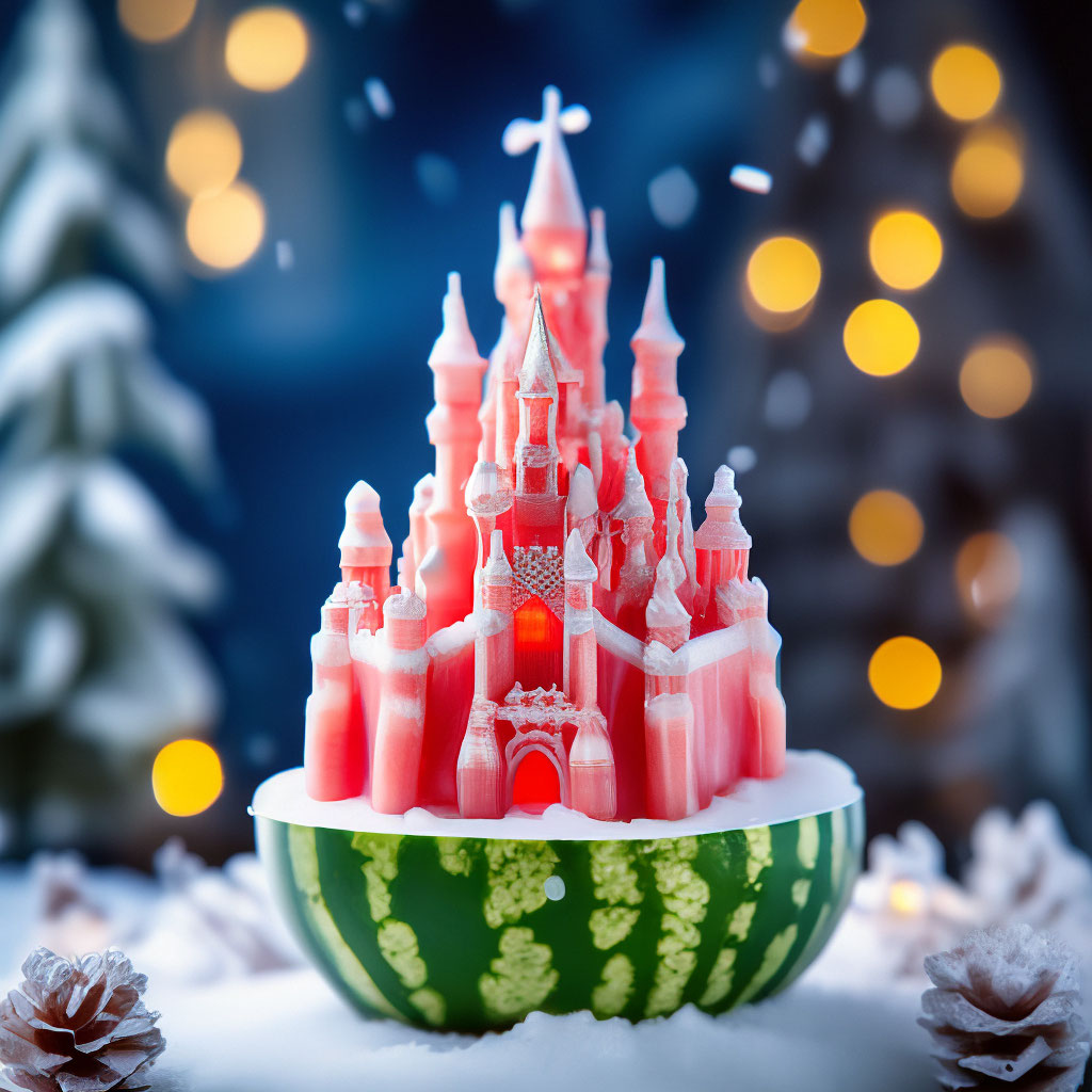 "Castle carved on a watermelon, winter, snow is falling, snowdrifts ...