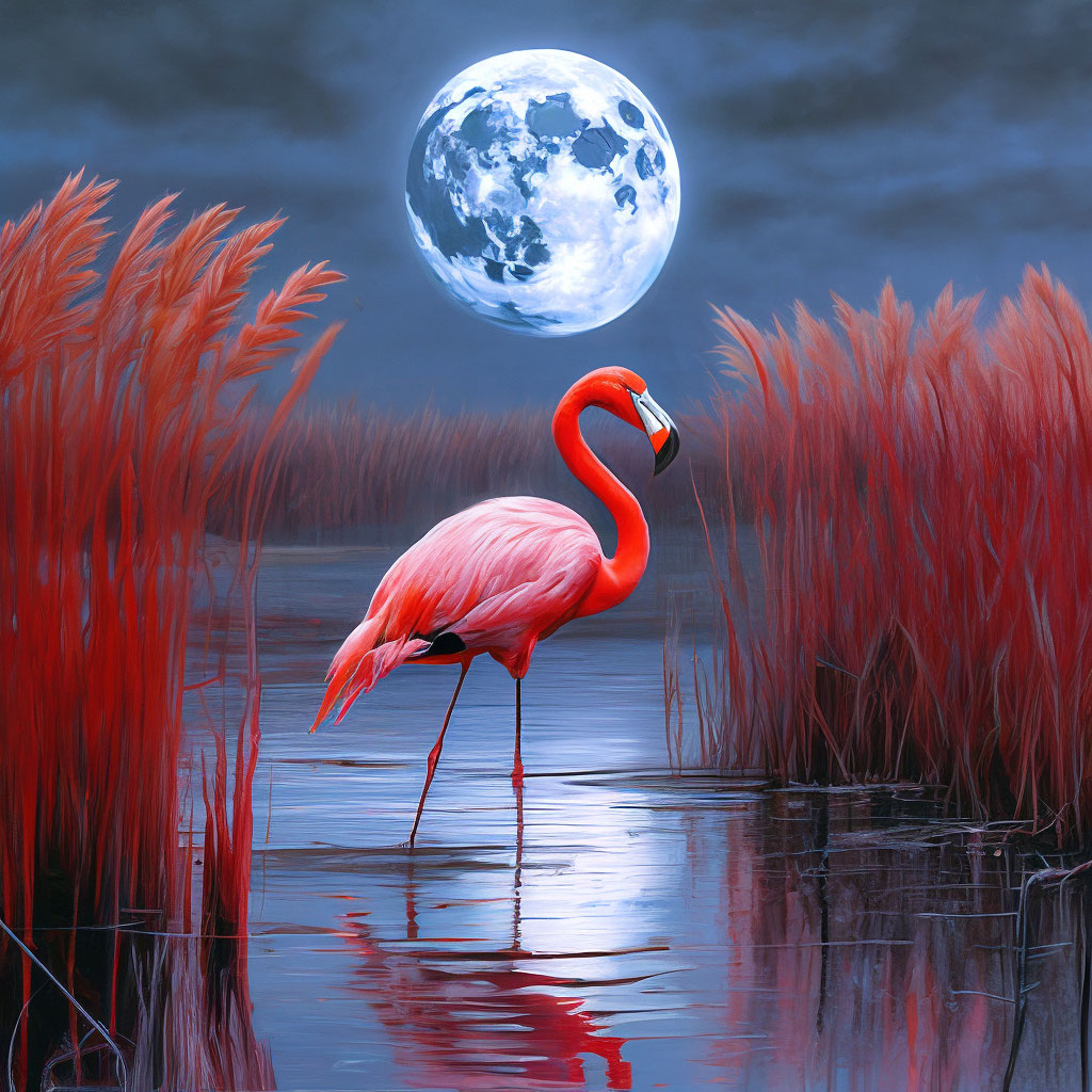 "Flamingo scarlet flamingo,reeds, swamp,huge red moon,flamingo to the ...