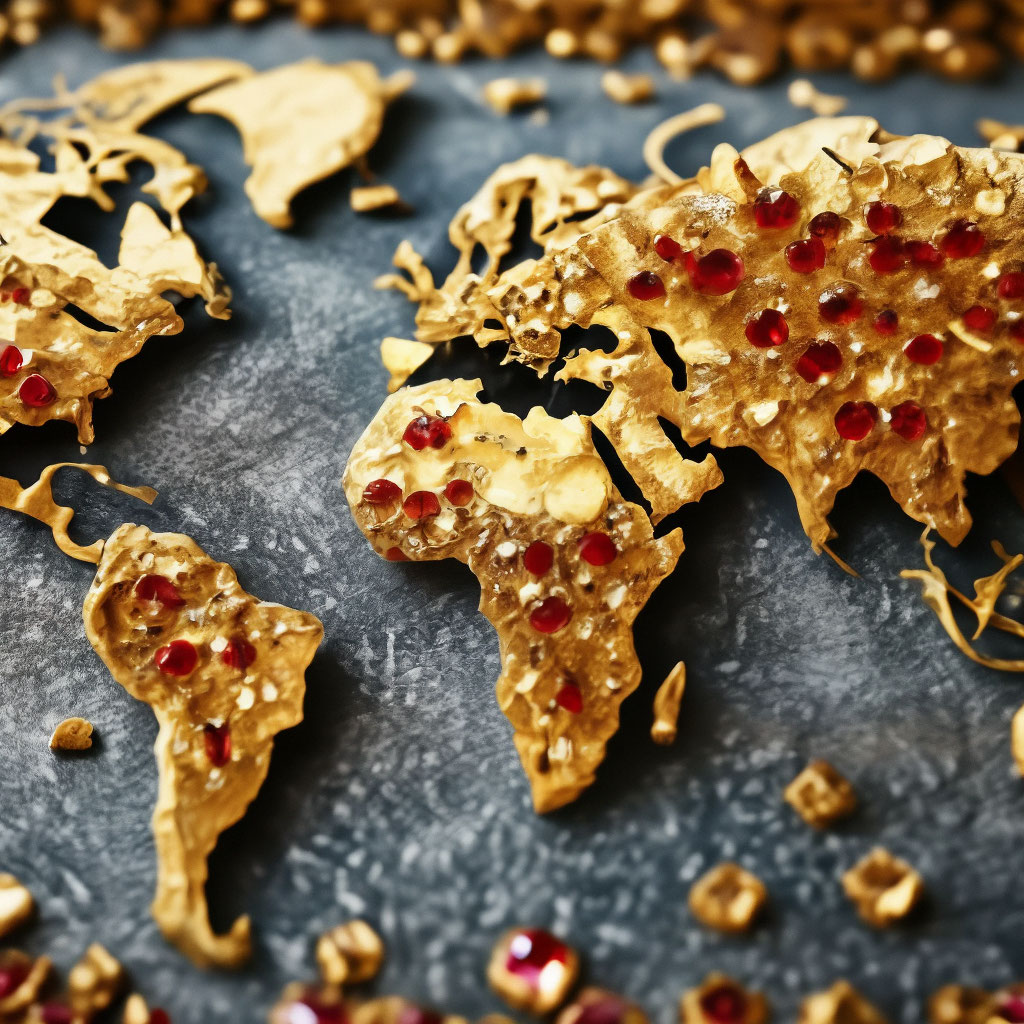 "A world map made of gold diamonds and rubies" — image created in Shedevrum