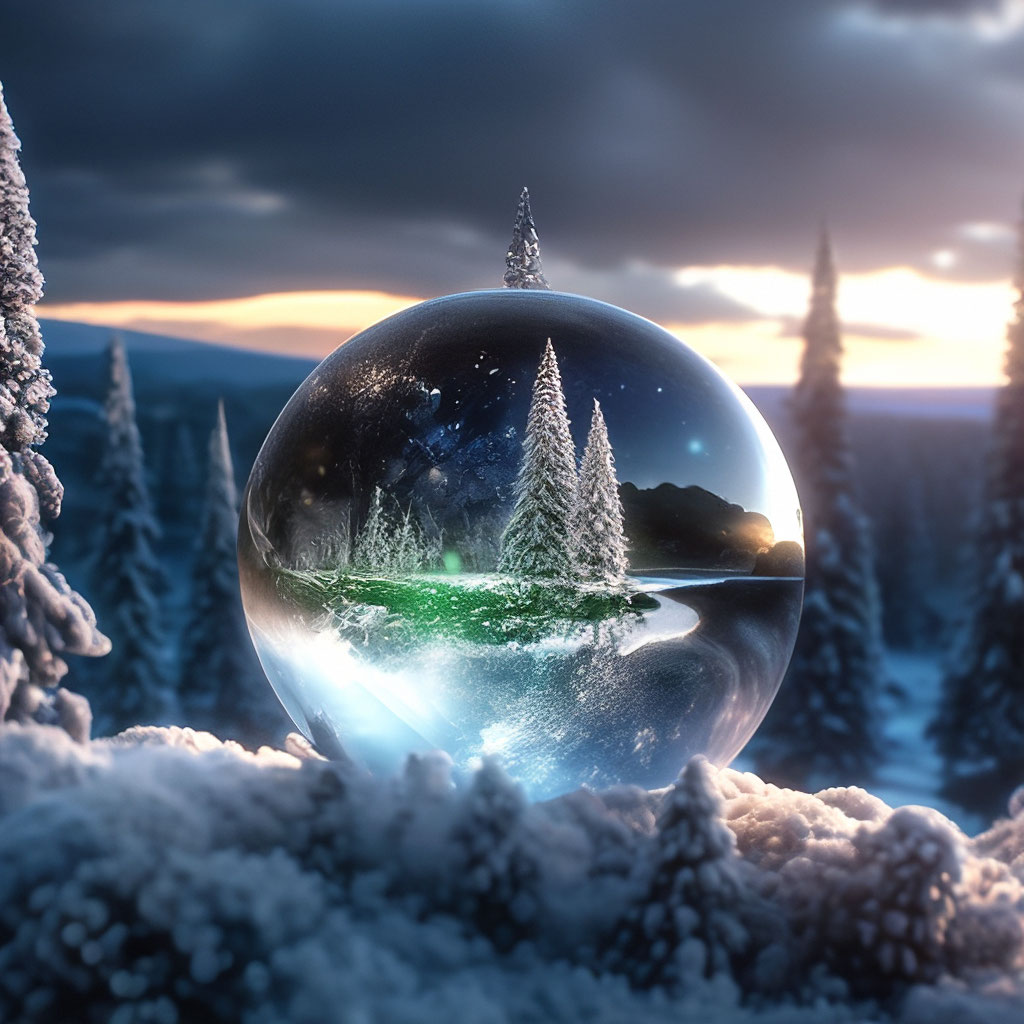 "Crystal ball with a glowing galaxy inside, planets, satellites, winter ...