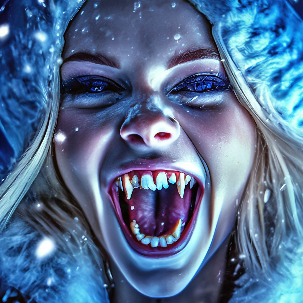 "Chilling snow girl vampire, sharp teeth, evil grin,sharpness, clarity ...
