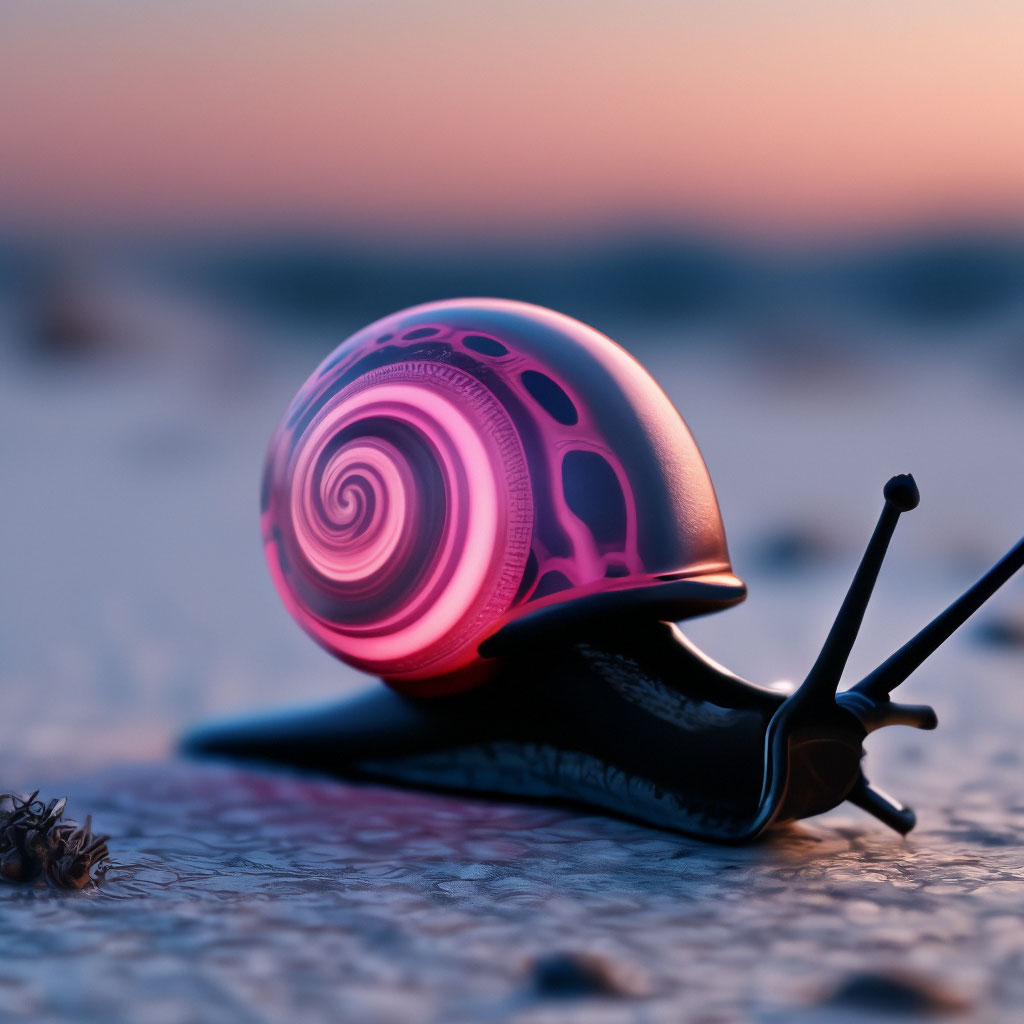 "🌀👽 in the middle of a snow-white desert, a glass snail with a black ...