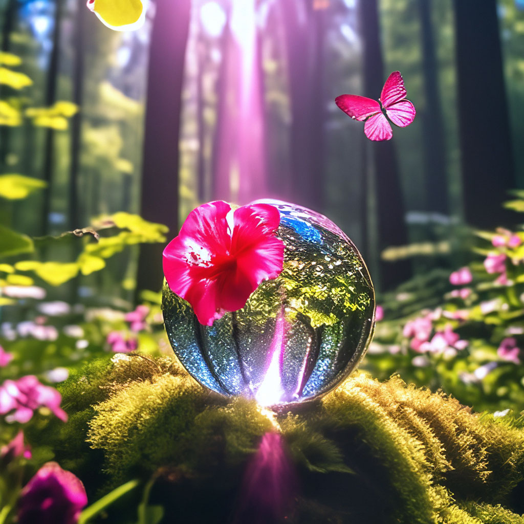 "Forest thicket on a sunny day, a scarlet flower with pink lightning in ...