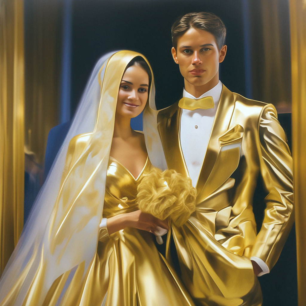 "Golden wedding. the bride in a golden veil and a golden dress. the ...