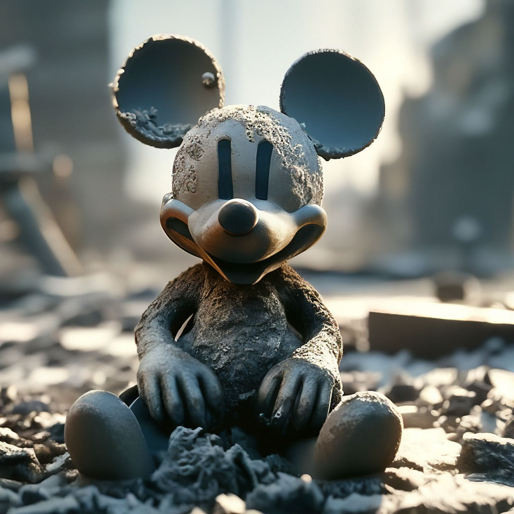 "Destroyed Berlin, nuclear apocalypse, close-up of sitting Mickey Mouse ...