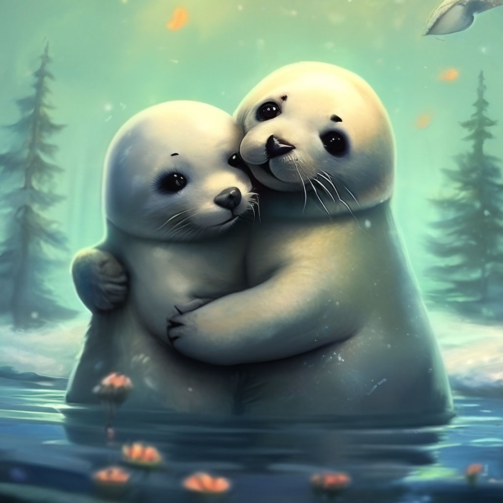 "Cute seals hugging, animals." — image created in Shedevrum