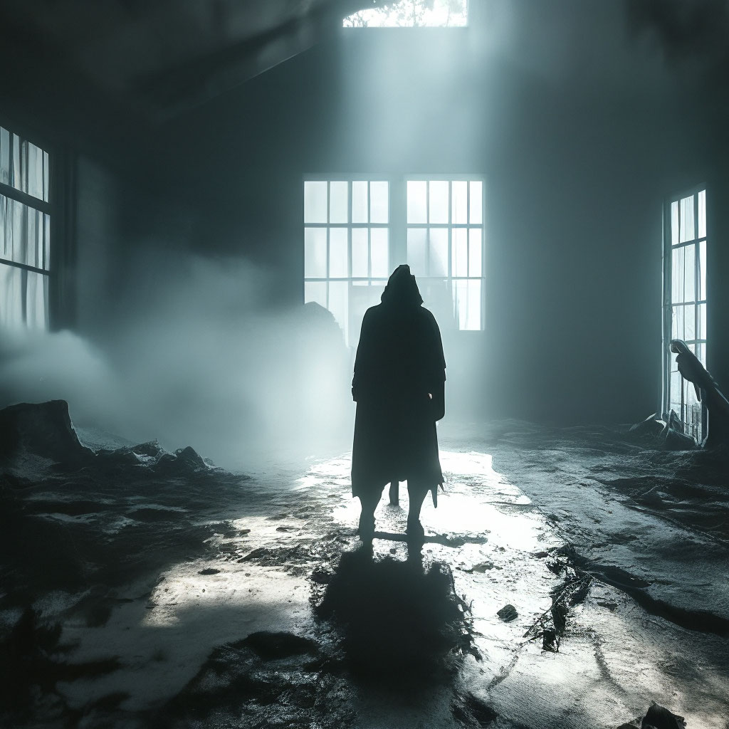 "Scary shadow in smoking dark room" — image created in Shedevrum