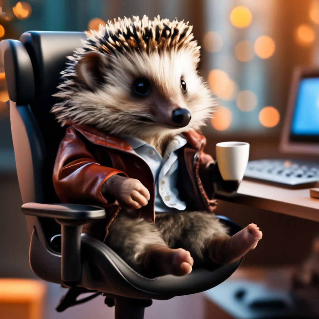 "A business hedgehog in boots drinks coffee sitting on a computer chair ...