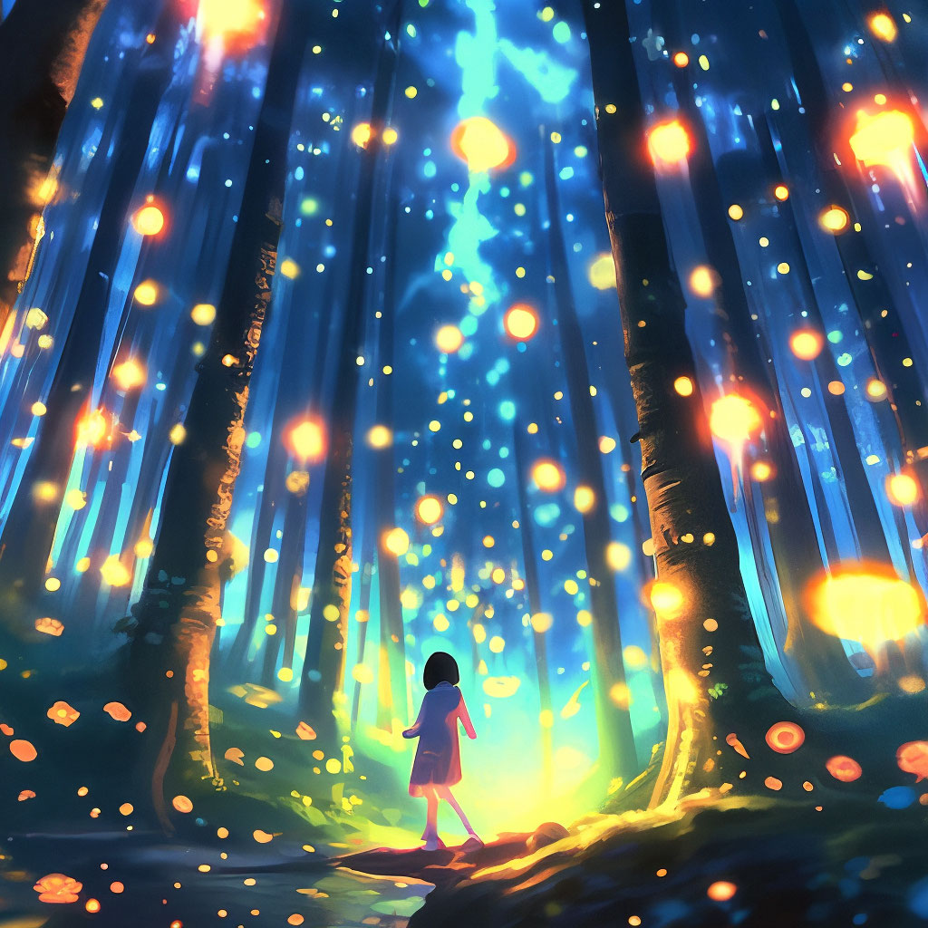 "Fireflies in the dark forest, anime style" — image created in Shedevrum