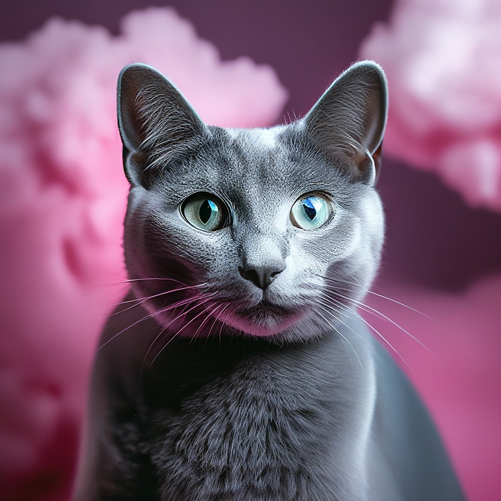 "Russian blue cat, pink cloud" — image created in Shedevrum