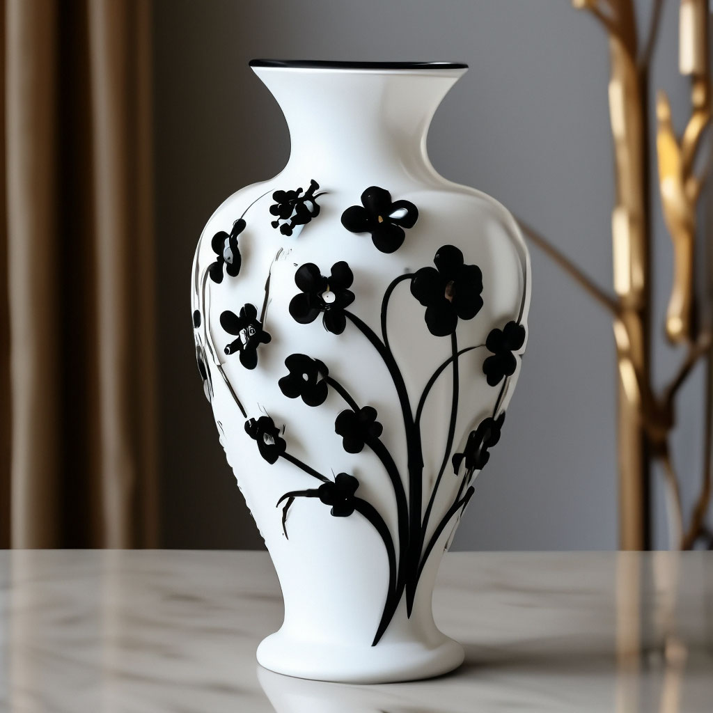 "Glass white vase with black glass flowers" — image created in Shedevrum