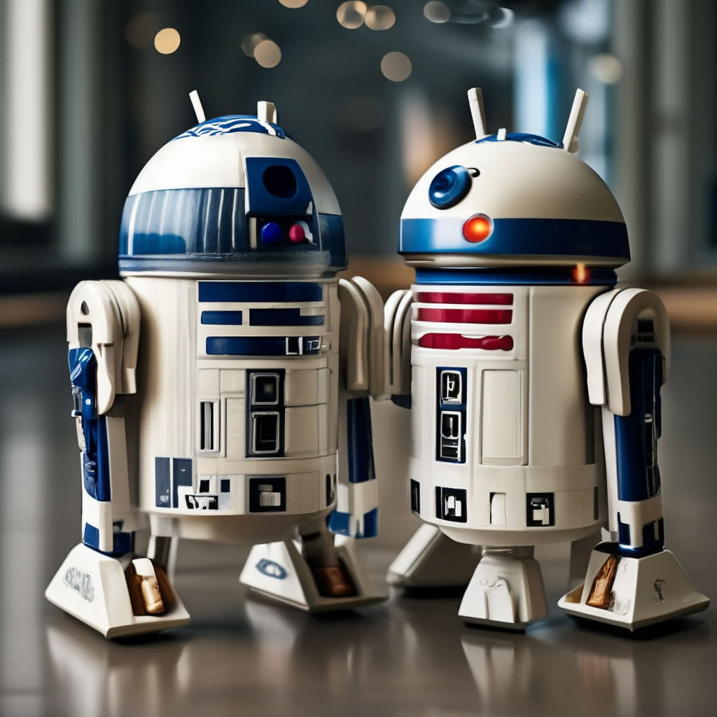 "R2-D2's battle with Android" — image created in Shedevrum