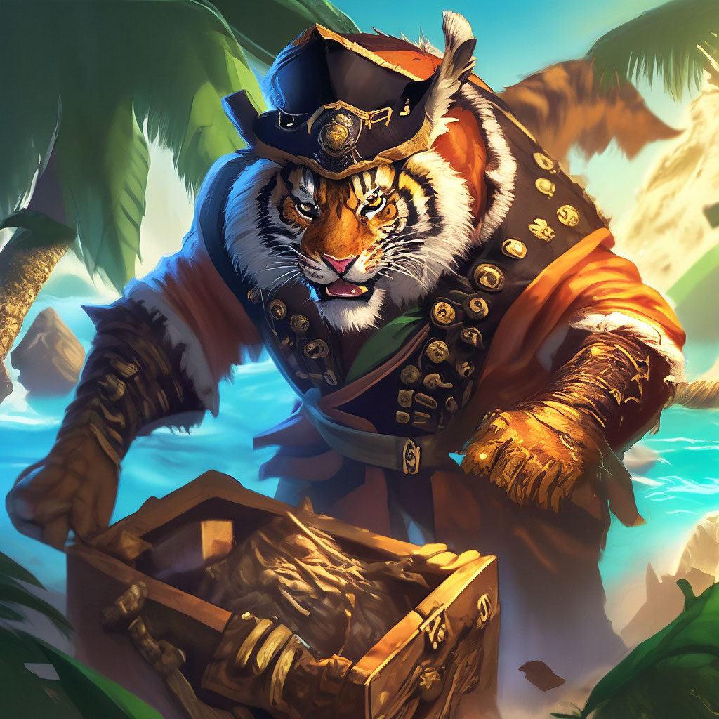 "A werewolf tiger pirate captain buries a treasure chest on an island ...