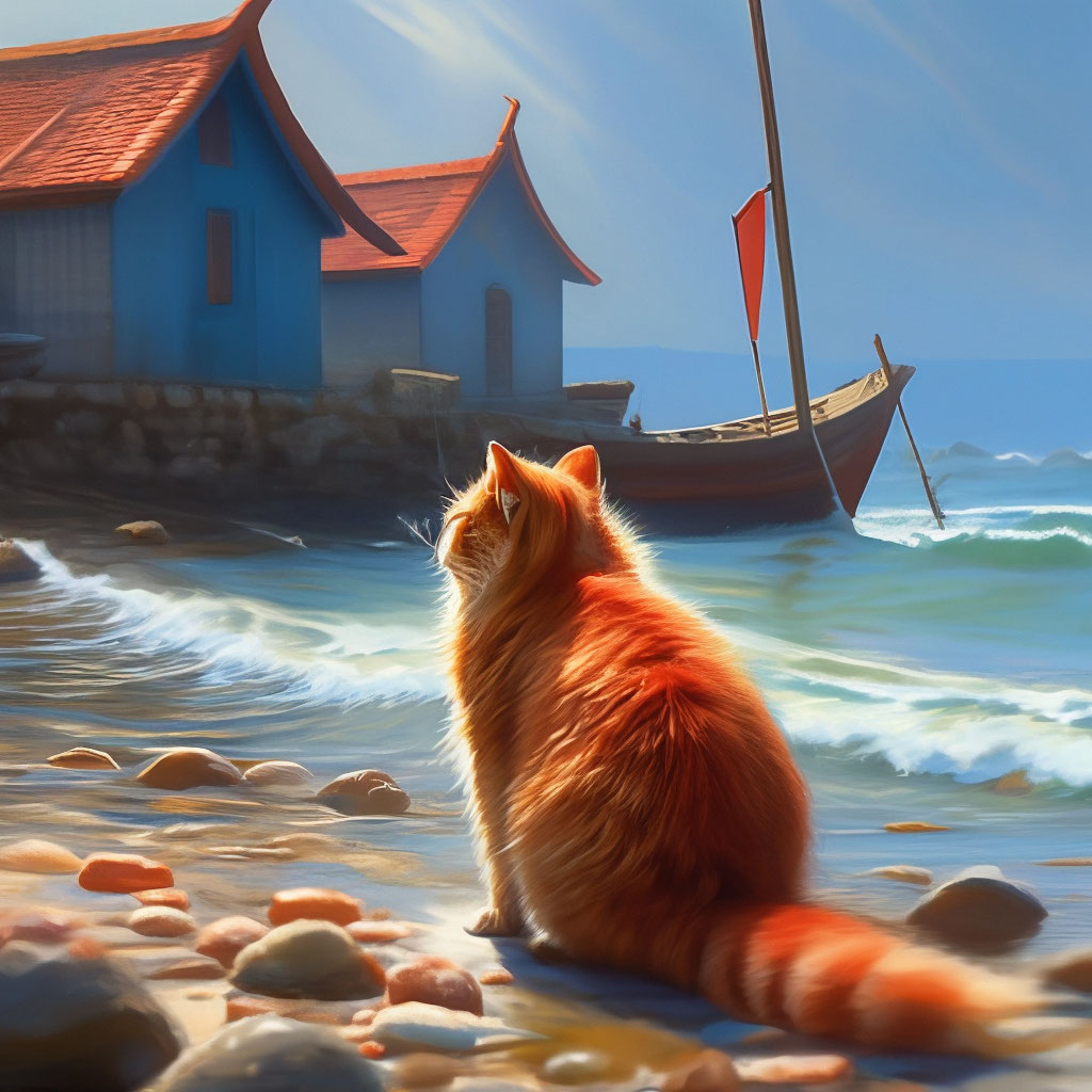 "Seaside, fishing huts, a red fluffy cat with a fluffy tail on the ...