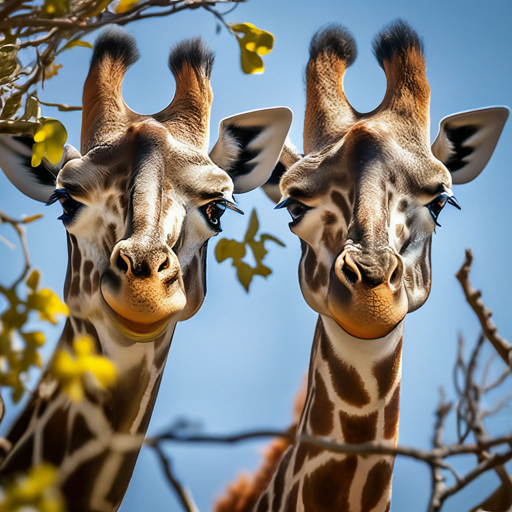 "Two giraffes peeking out from behind branches, funny, aesthetically ...