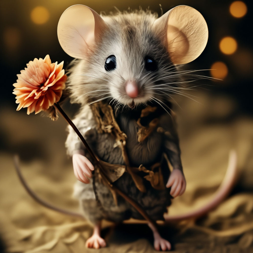 "Creep funny mouse in a dried flower and an anthropomorphic flower ...
