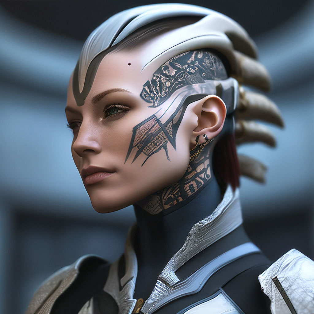 "Female turian, head with bone growths, face covered with tattoos, fine ...