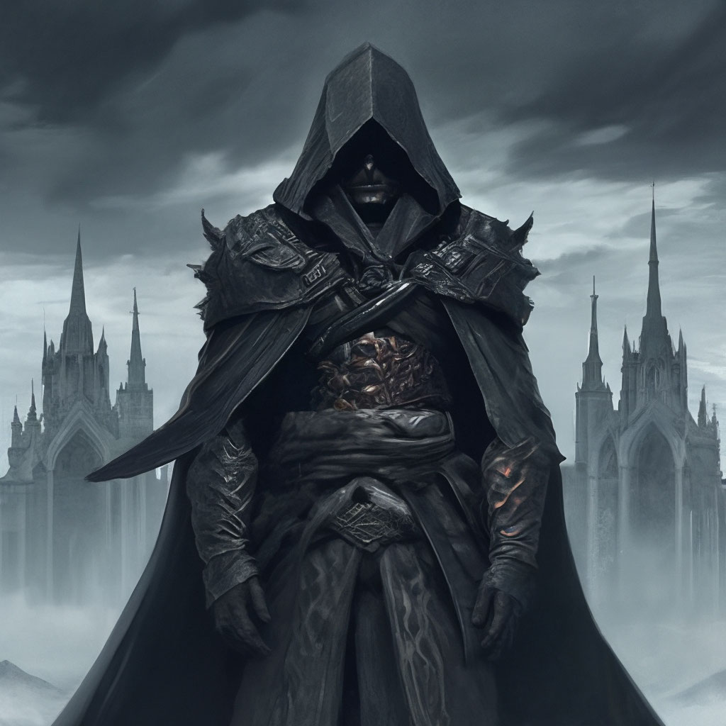 "Assassin man in a black cloak and hood with Gothic patterns on the ...
