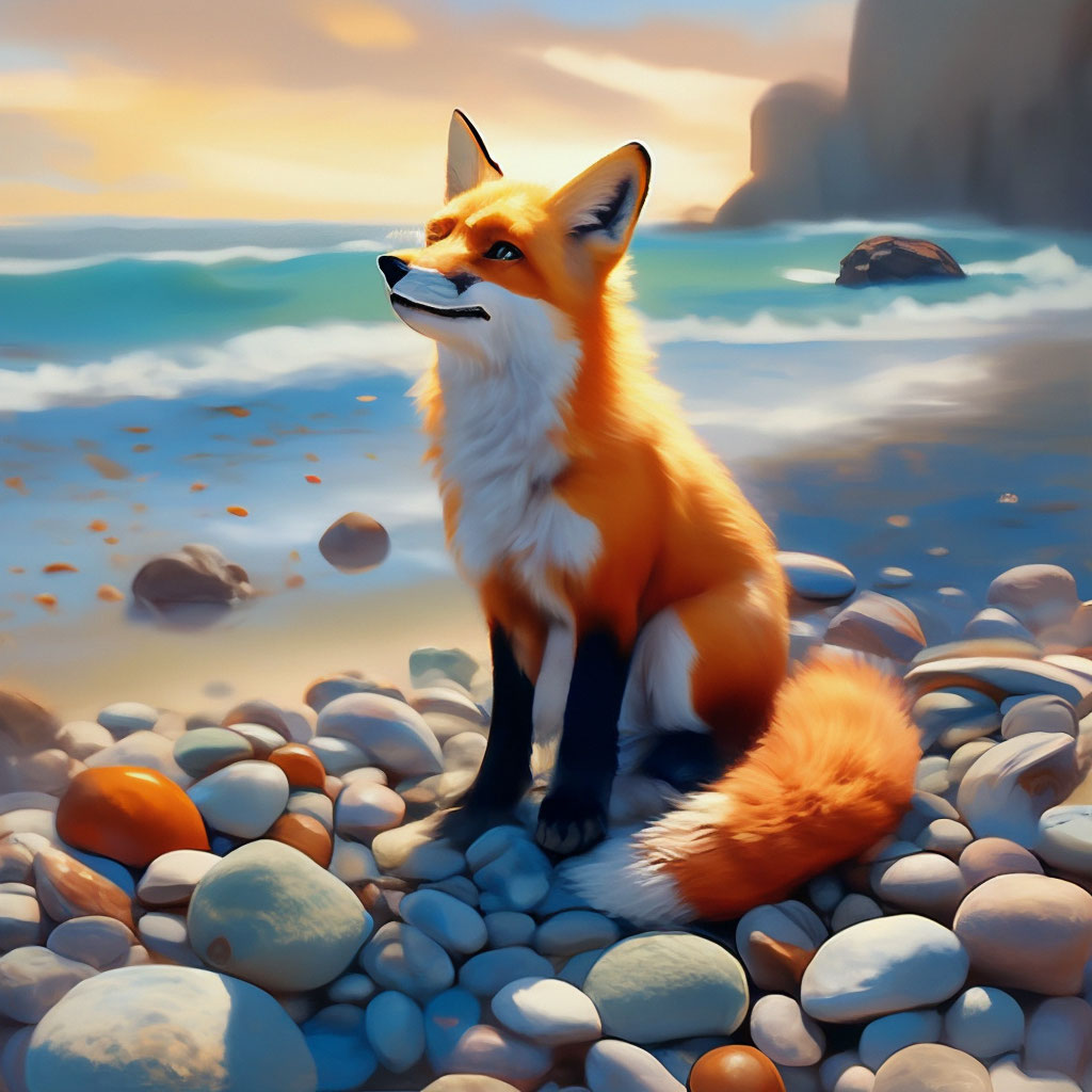 "Fox and sea pebbles. the fox rejoices" — image created in Shedevrum