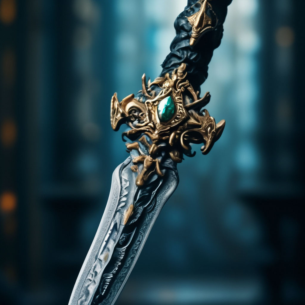 "A ritual dagger with a black blade, the handle is decorated with gold ...