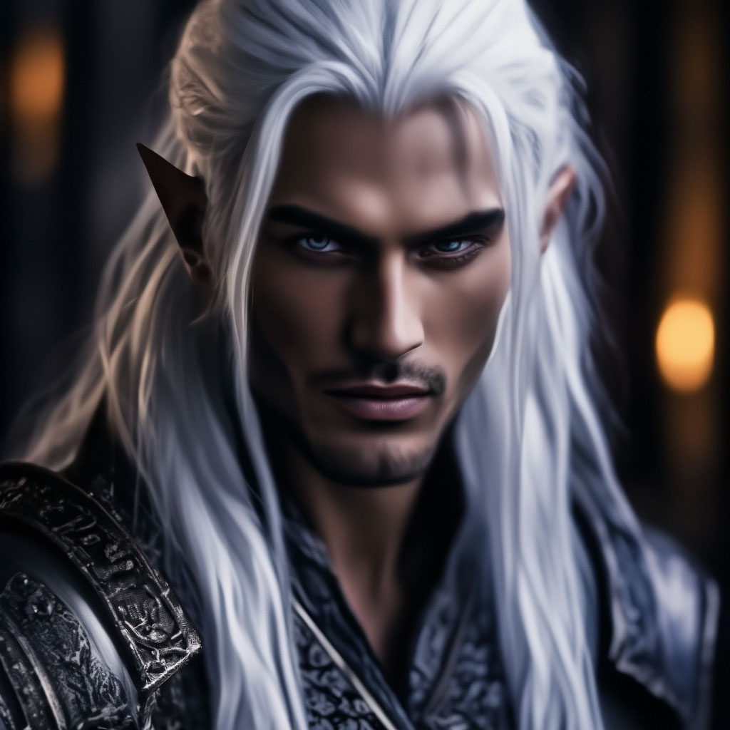 "Man, dark elf, lilac eyes, snow-white hair , two thin pigtails from ...
