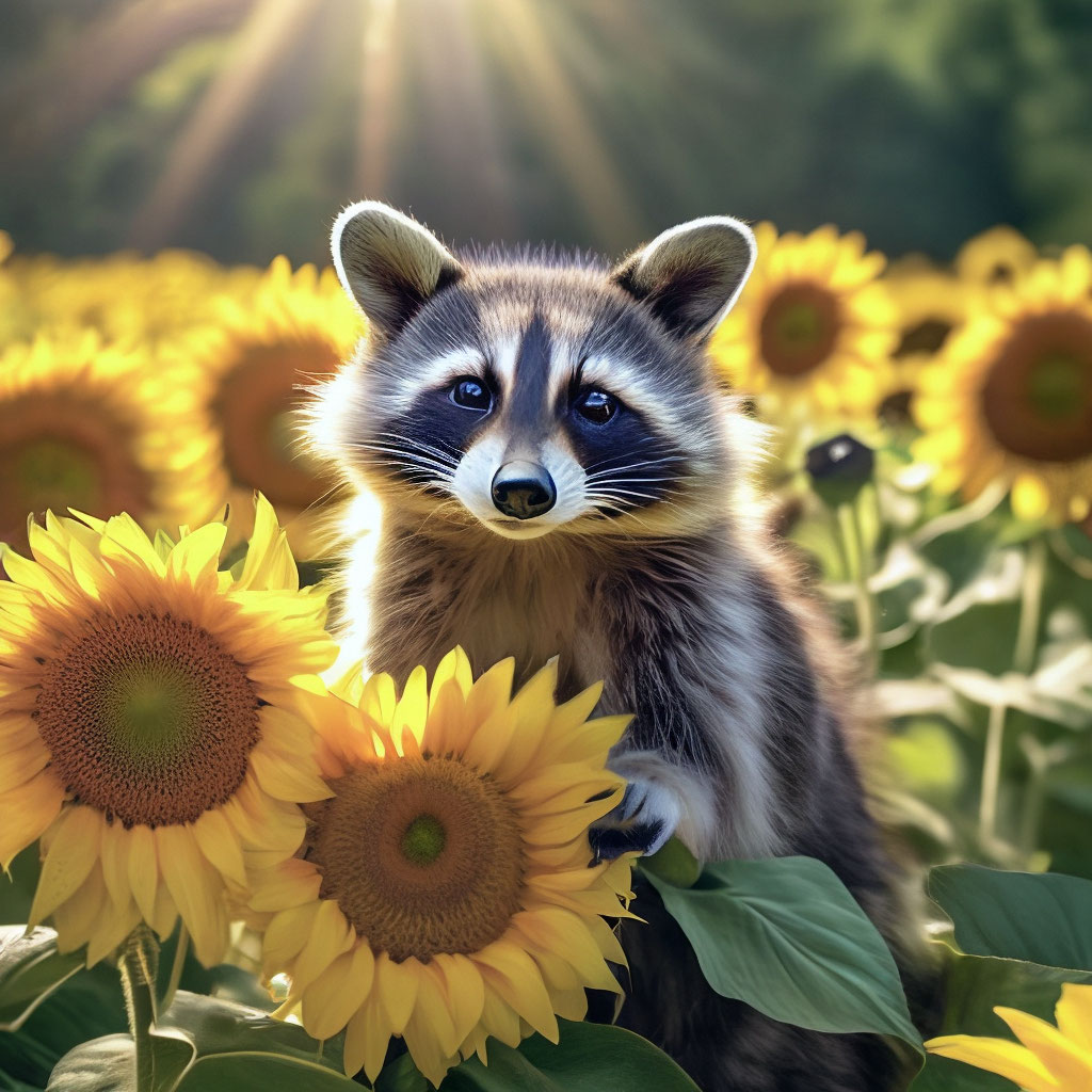 "Raccoon in sunflowers summer,the sun is a realistic professional photo ...