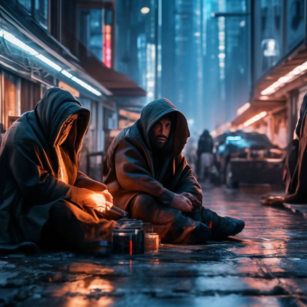 "Homeless people near the central market in cyberpunk style" — image ...