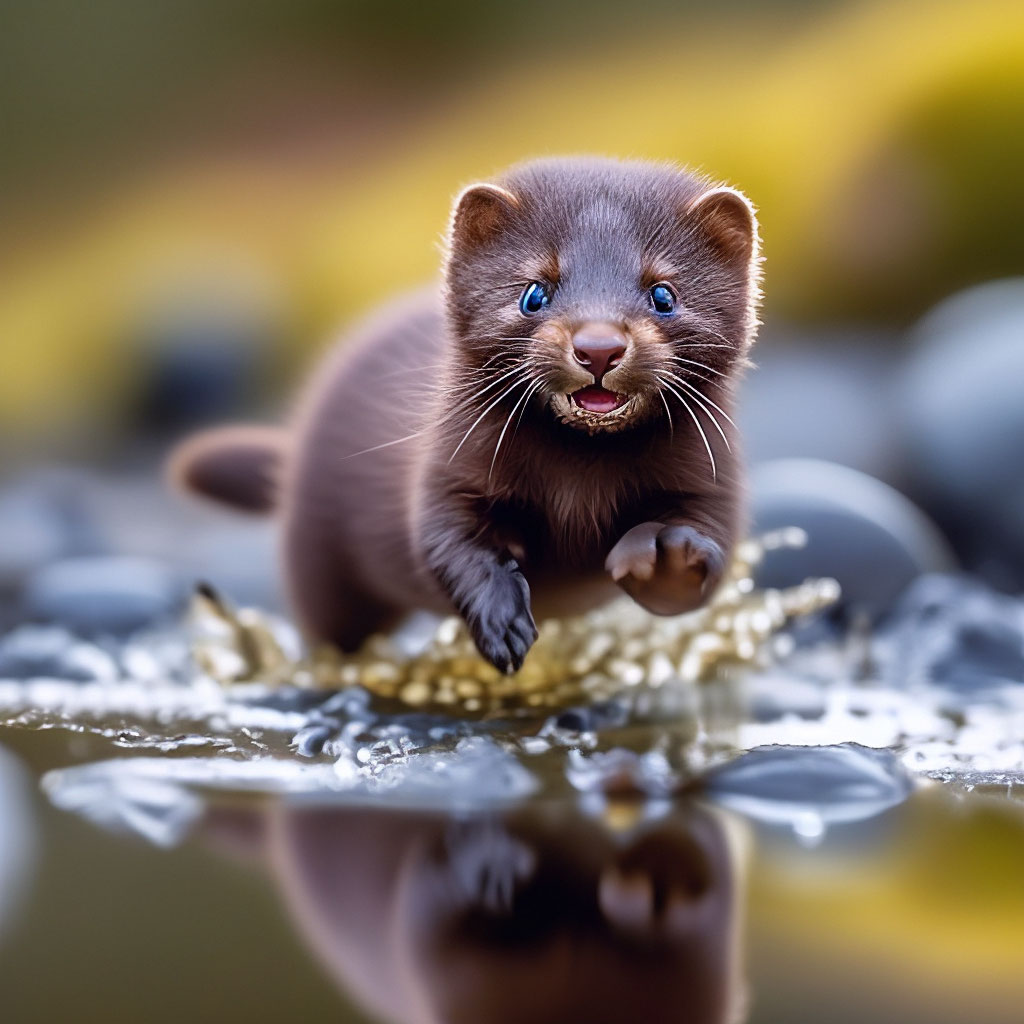 "A cute Mink cub jumps over large puddles larger than the smallest Mink." — image created in ...