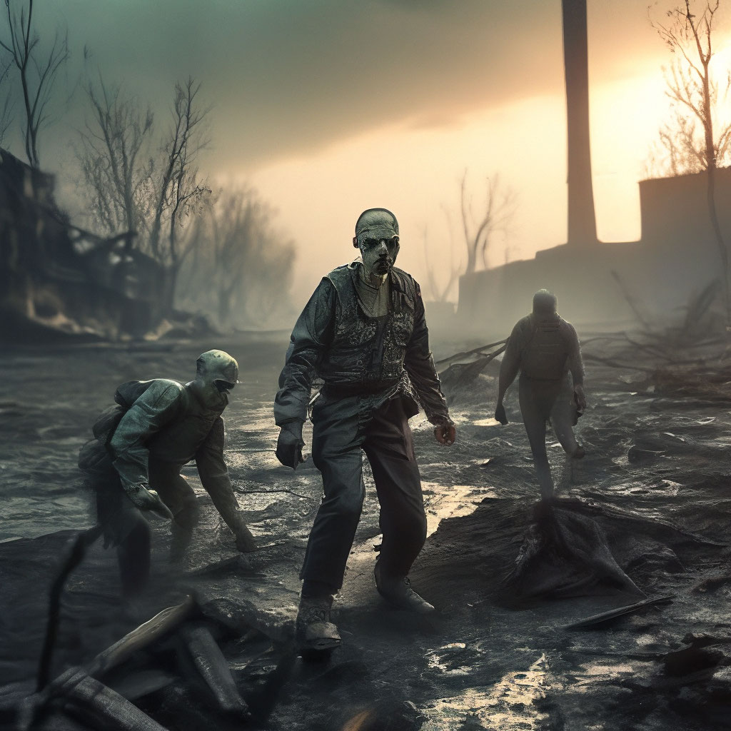 "Radiation zombies in the destroyed Chernobyl" — image created in Shedevrum