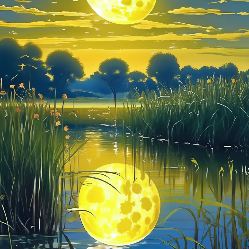 "Night, the yellow moon over the pond is reflected in the water, reeds ...