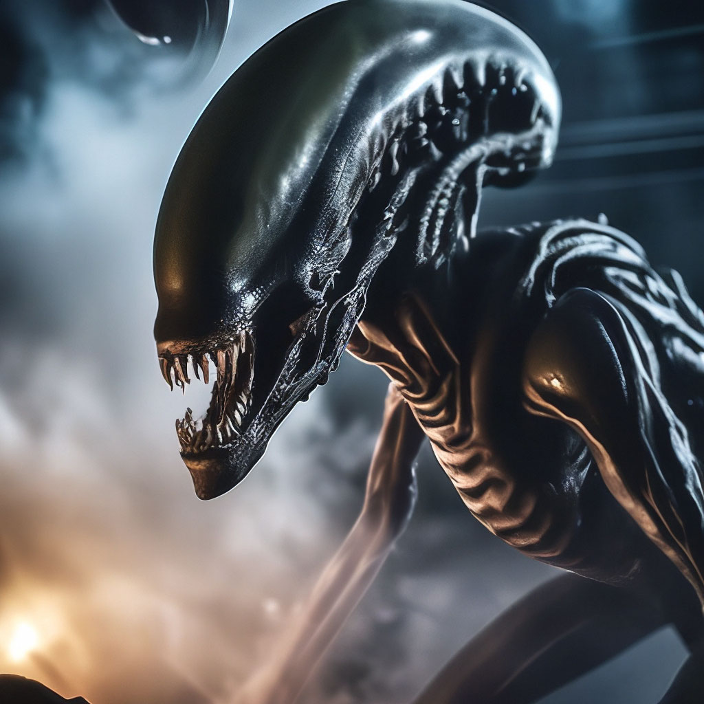 "Xenomorph from an epic angle, professional shooting, smoke and light ...