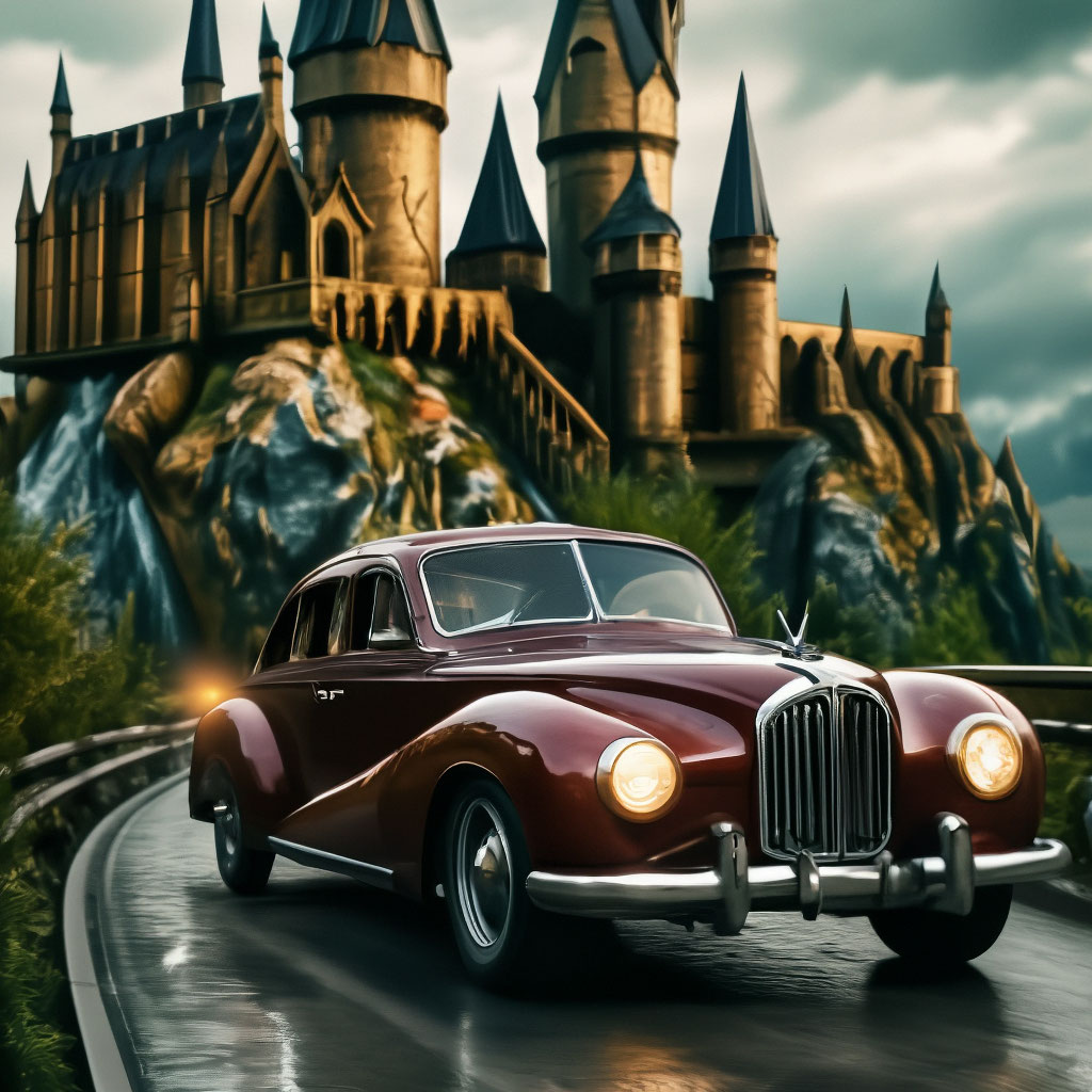 "Hogwarts, magic, there are unusual trees, a retro-style car is flying ...