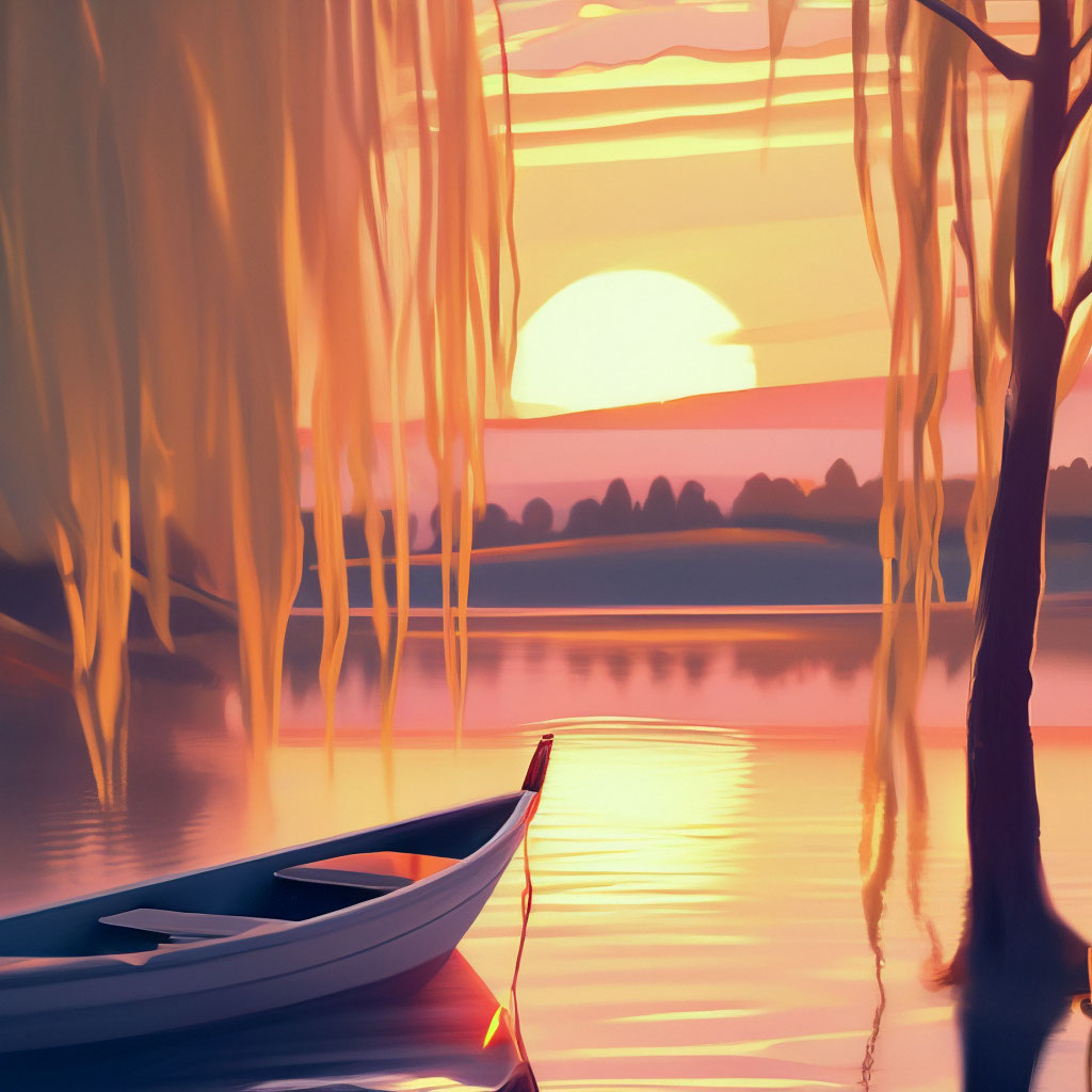 "Boat on the lake under the willow tree ,realistic" — image created in ...