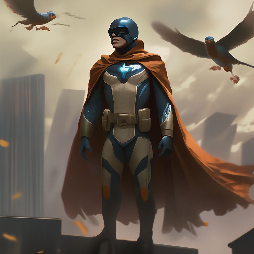 "The sparrow man is a superhero" — image created in Shedevrum
