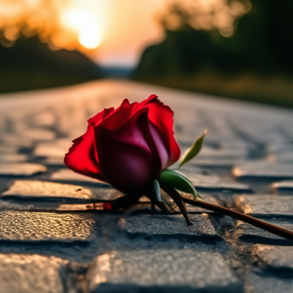"Rose on the road, evening, romance" — image created in Shedevrum
