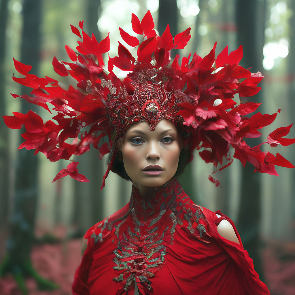 "The forest drops its scarlet headdress" — image created in Shedevrum