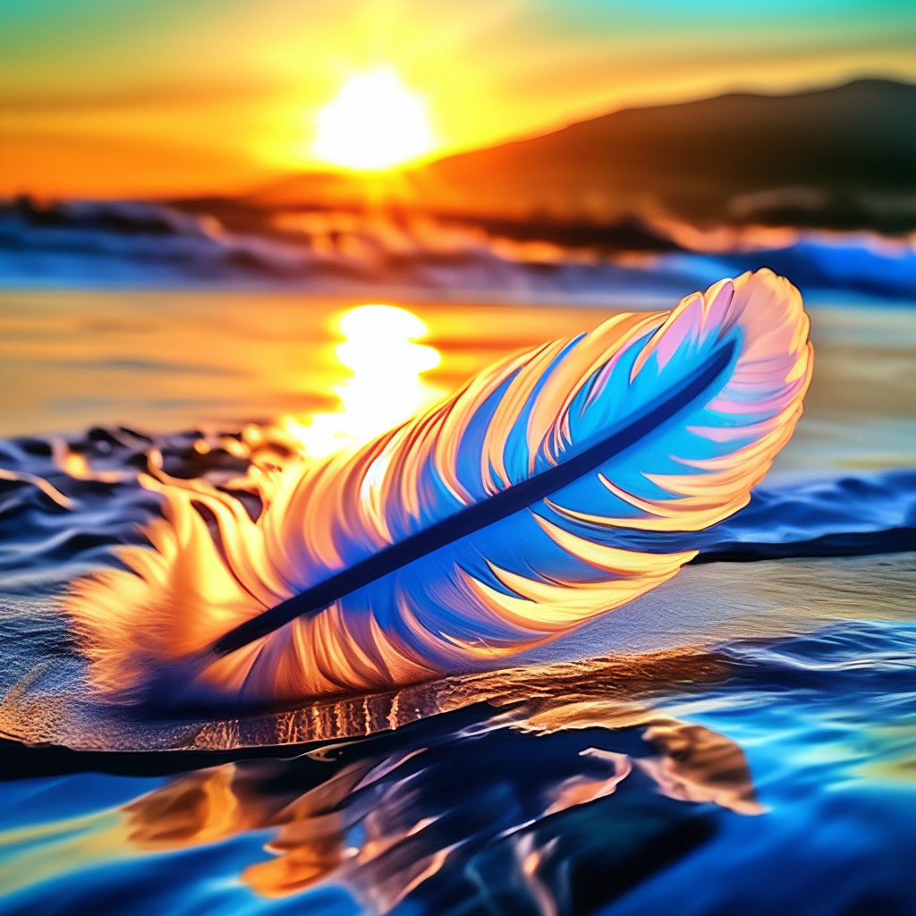 "Bright, filligranno, firebird feather,floating on the waves, boho ...
