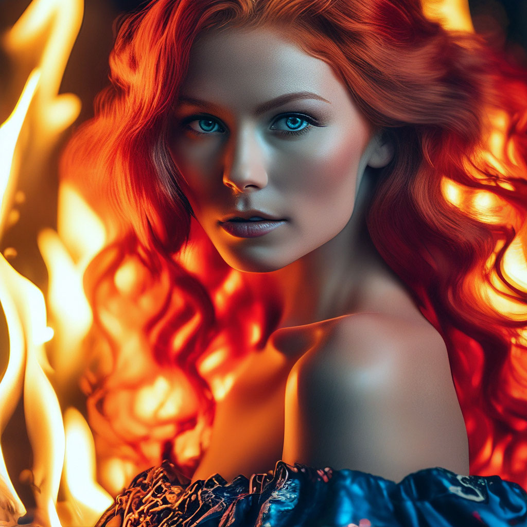 "Woman fire, red hair in her hair flames eyes are burning the dress is ...