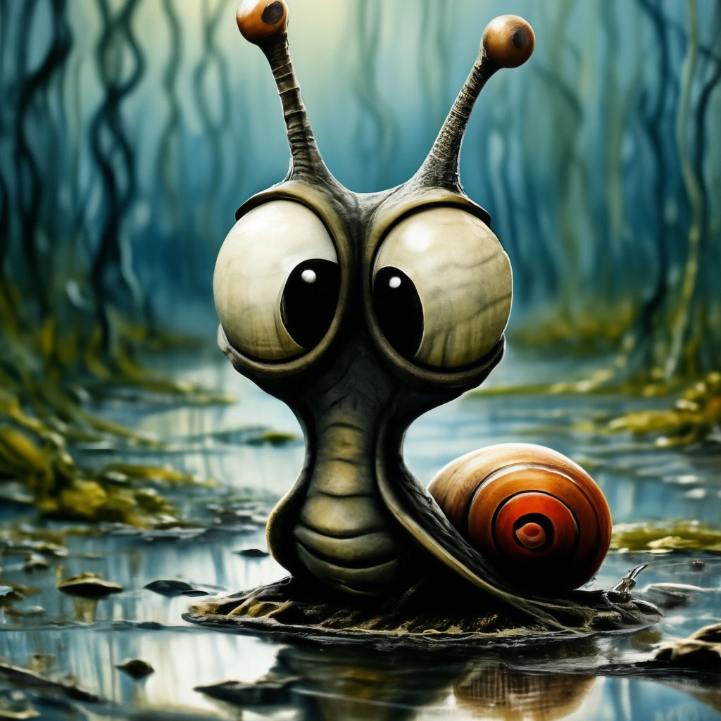 "Sad snail, huge eyes, in the style of Tim Bertin,watercolor and ink ...